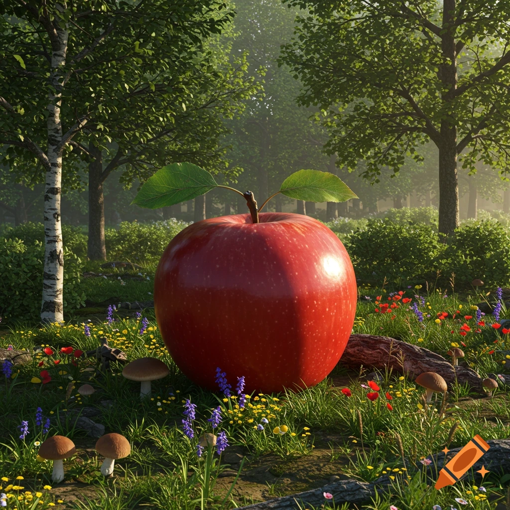 Realistic apple surrounded by trees, flowers, and mushrooms on Craiyon