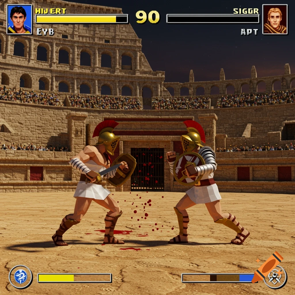 Low-poly gladiators fight in a Roman Colosseum arena with a retro ...