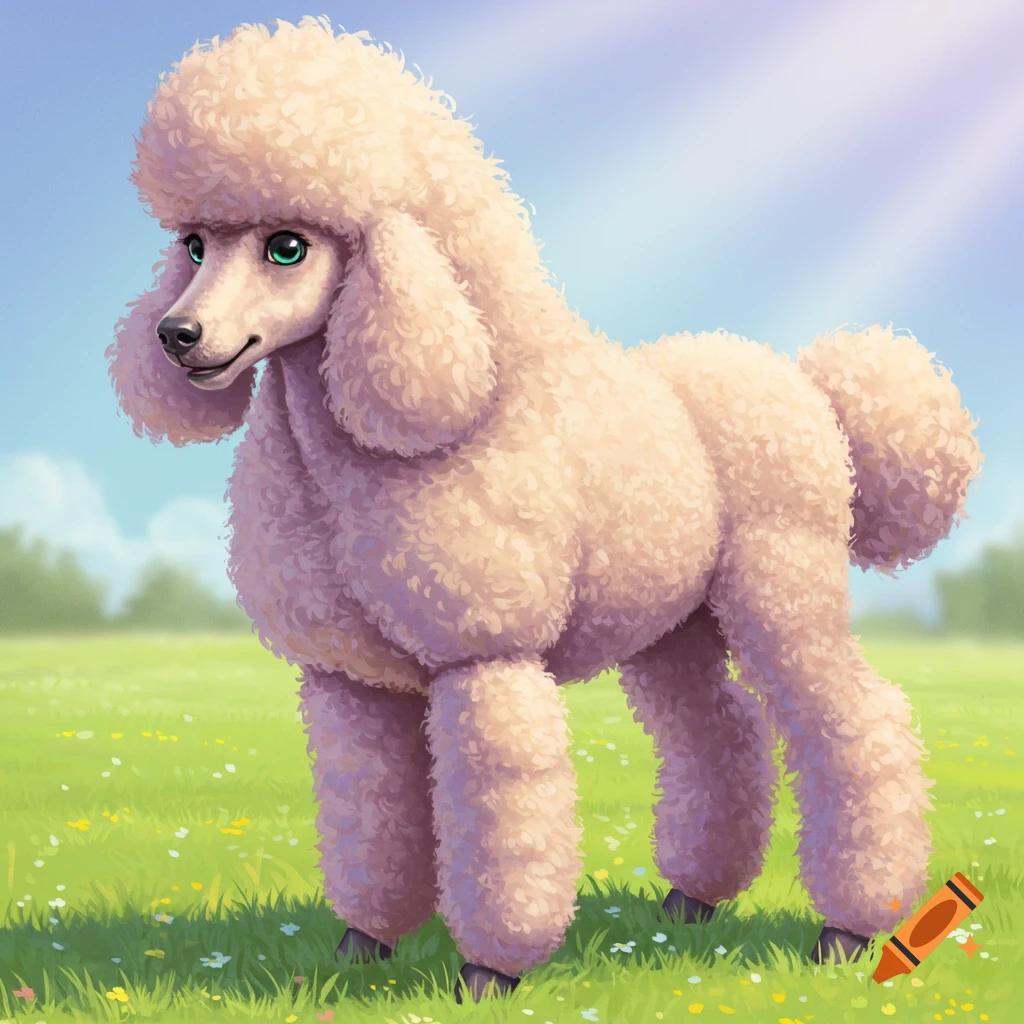 A light-colored poodle is standing in a sunny grassy field. on Craiyon