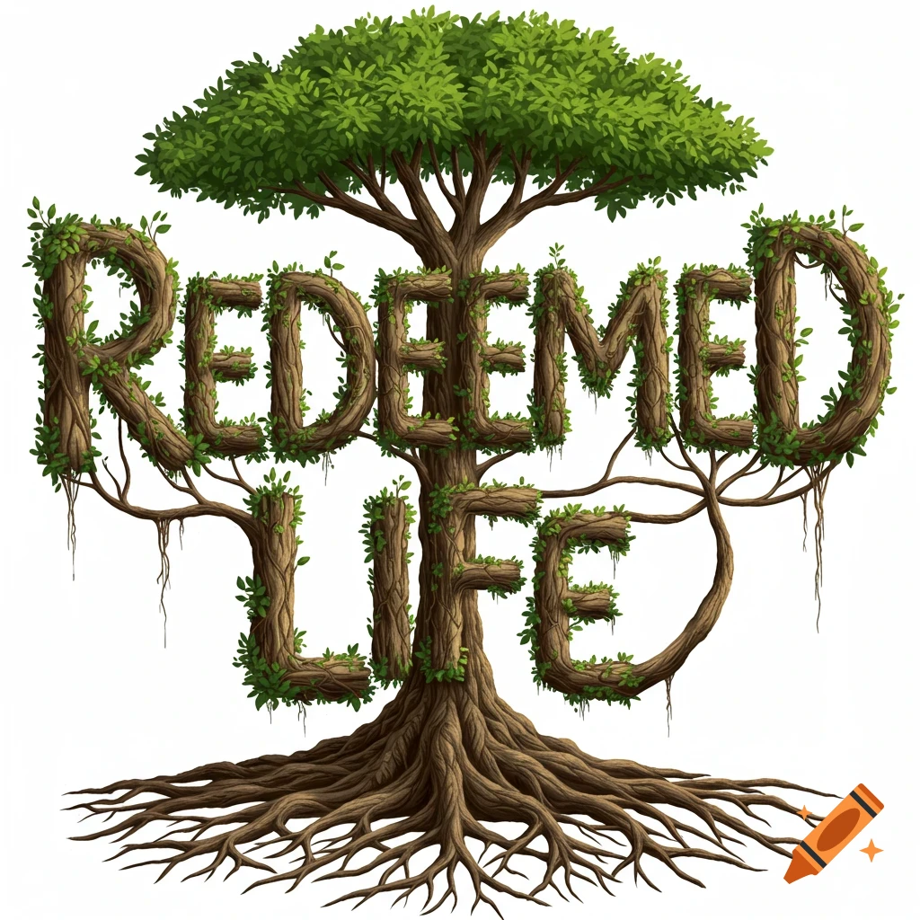 Redeemed Life typography formed from tree branches, leaves, and roots ...