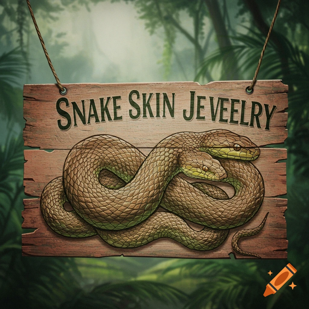 Wooden sign with snake design and the words "snake skin jewelry" on Craiyon