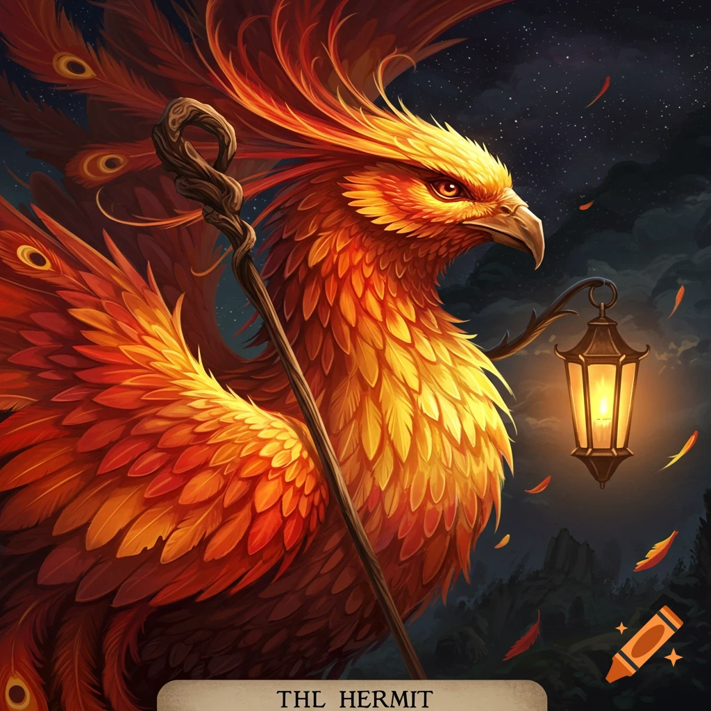 Phoenix with human face and Hermit Tarot symbols on Craiyon