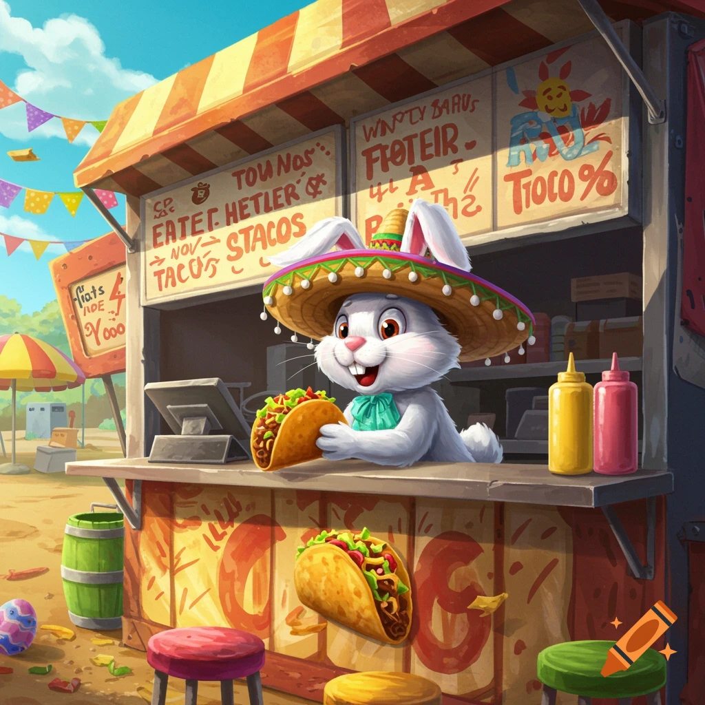 A cartoon Easter bunny in a sombrero sells tacos from a colorful stand ...