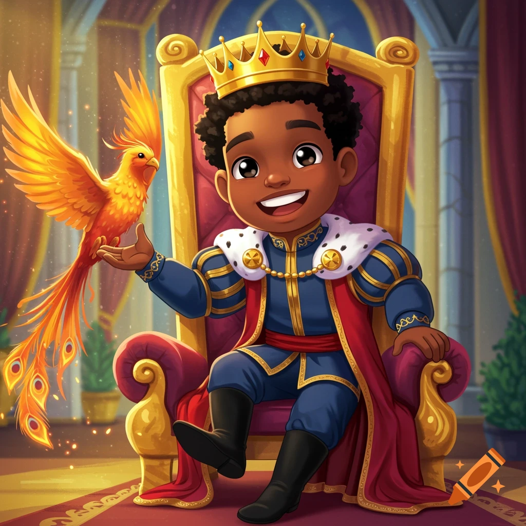 Cartoon illustration of a young Black prince sitting on a throne with a ...