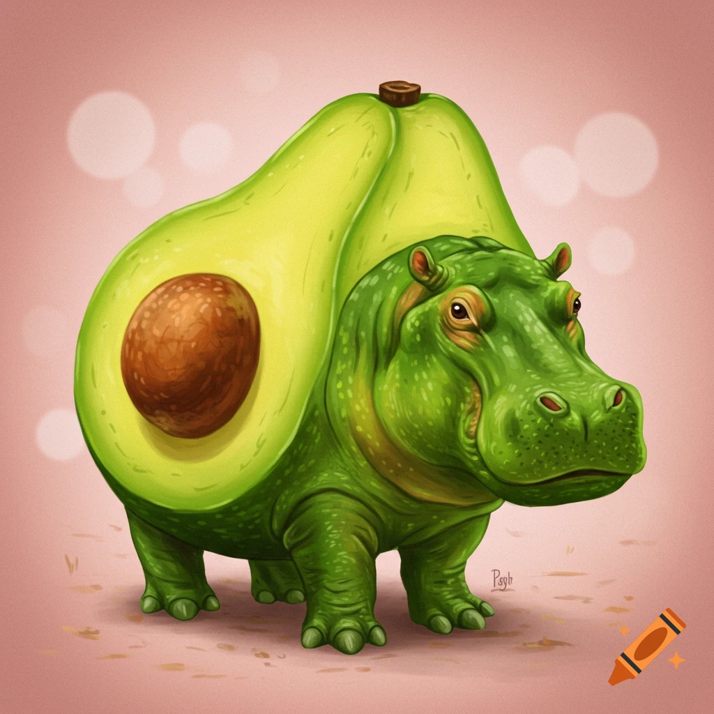 A green hippo creature with an avocado for a body and seed. on Craiyon