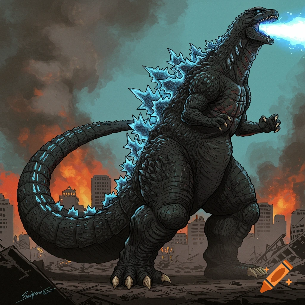Illustration of Godzilla roaring atomic breath over a destroyed city ...