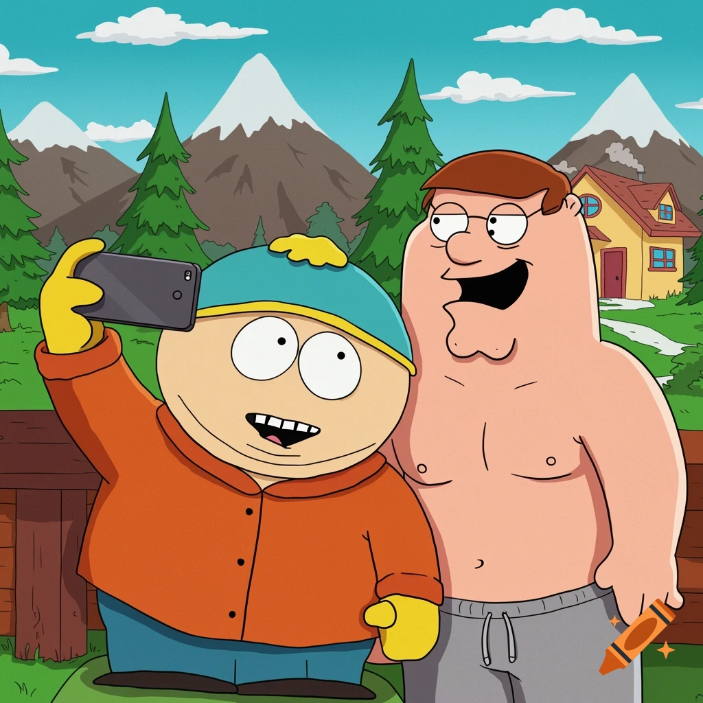 A blue Eric Cartman character stands in a dark, stylized city at night with glowing pink and ...