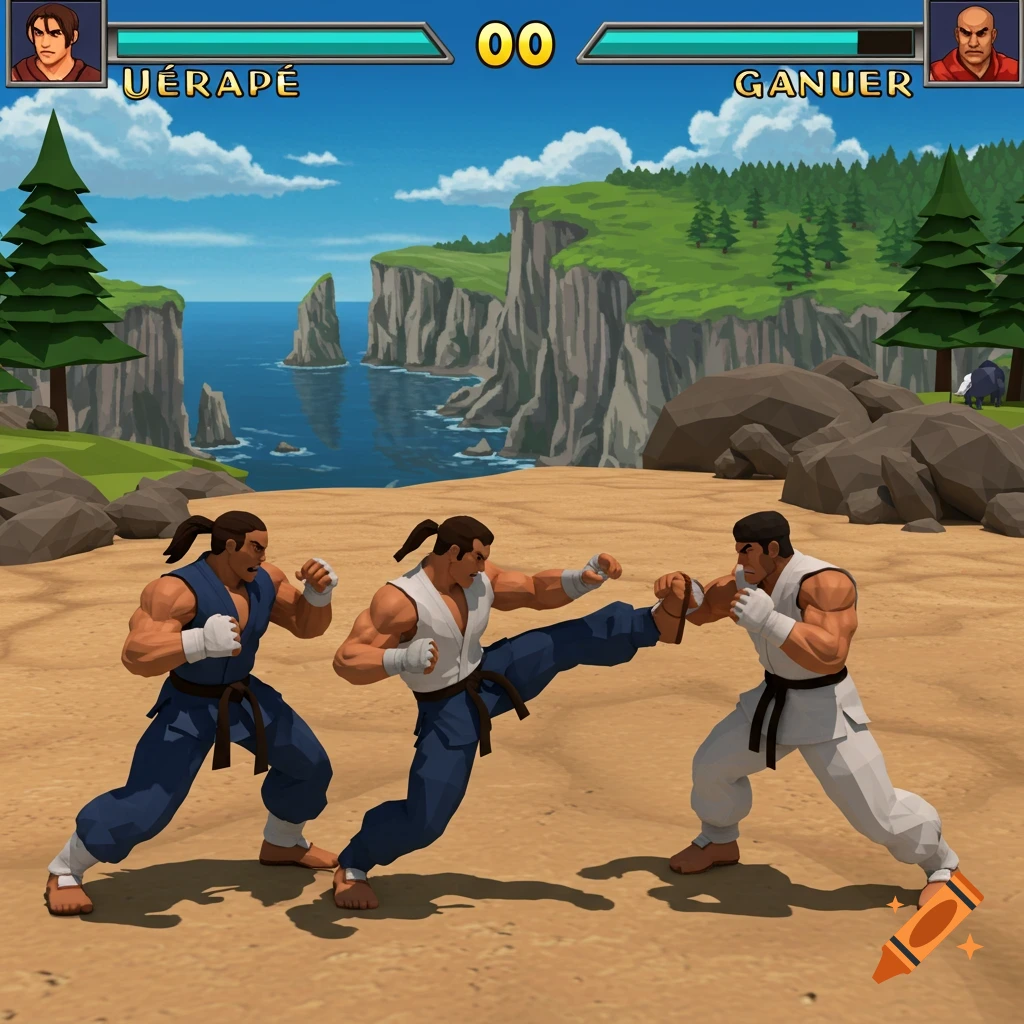 A stylized 3D fighting game screenshot with two martial artists ...