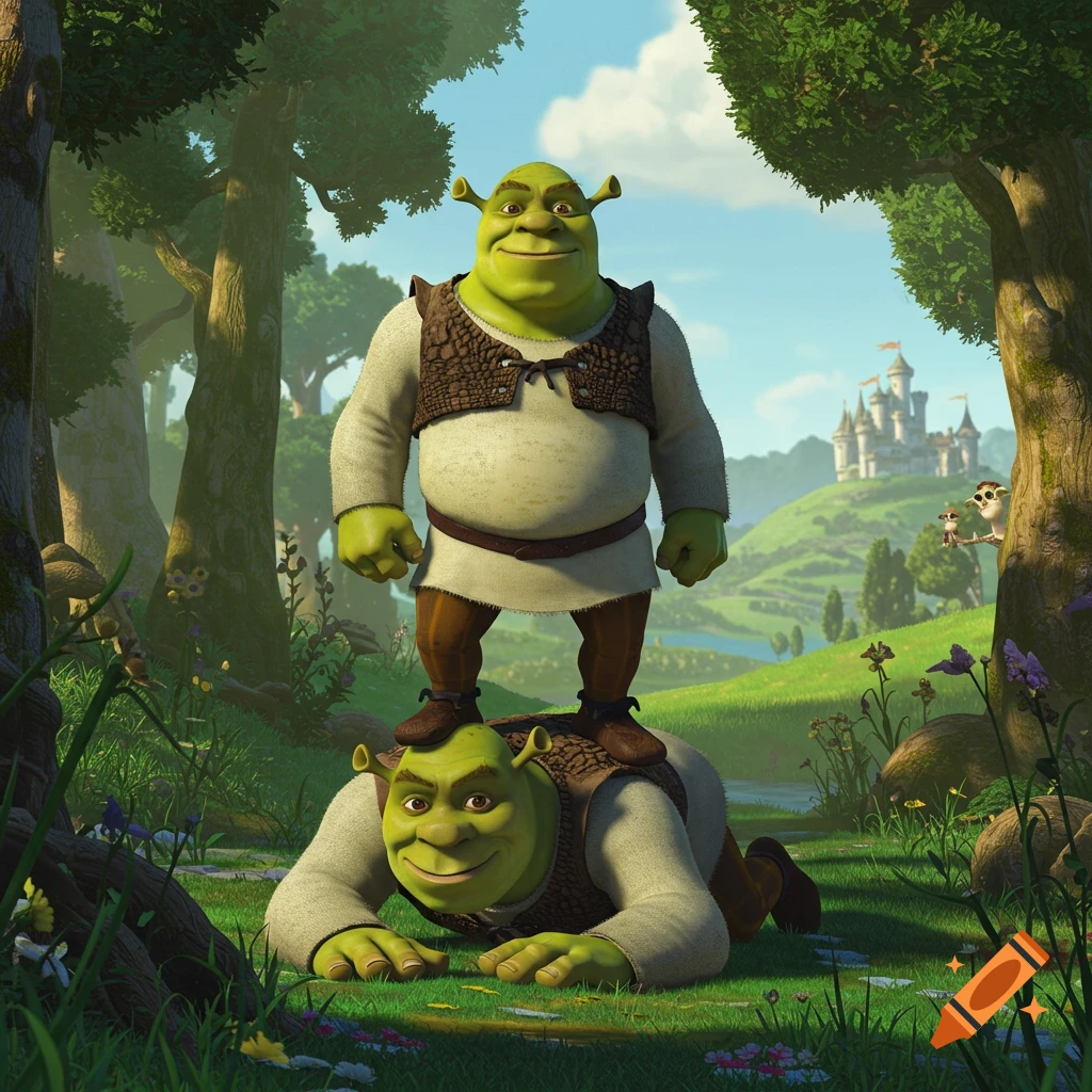 Shrek's head emerges from a dark forest at night, lit by a green glow ...