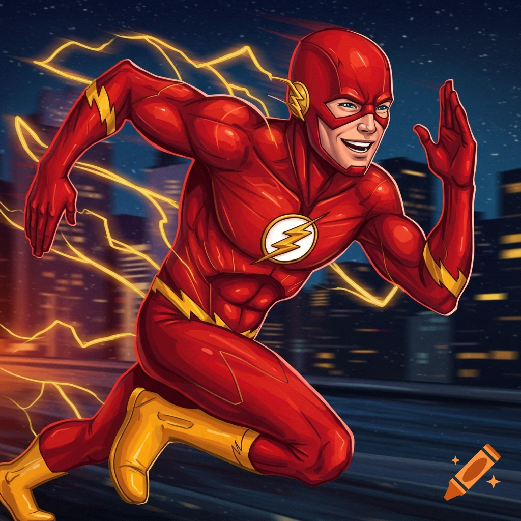 The Flash running at night with lightning streaks on Craiyon