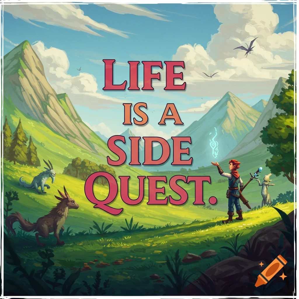 Inspirational quote graphic: Life is a side quest on Craiyon