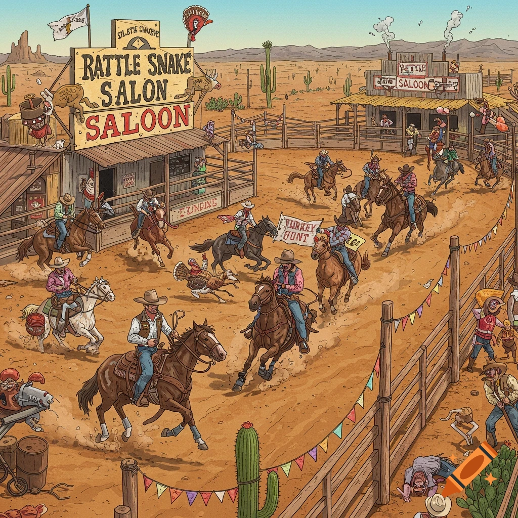 Rattlesnake, salon, turkey hunt, and rodeo elements combined on Craiyon