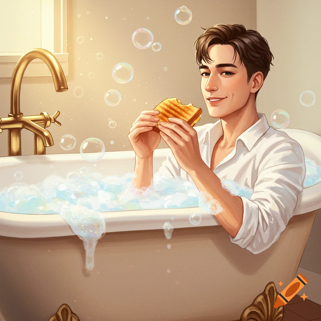 Digital art of a handsome man in a bubble-filled bathtub holding ...