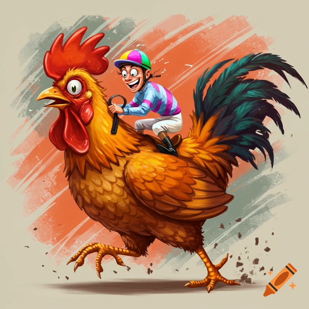 Cartoon of a jockey riding a large rooster. on Craiyon