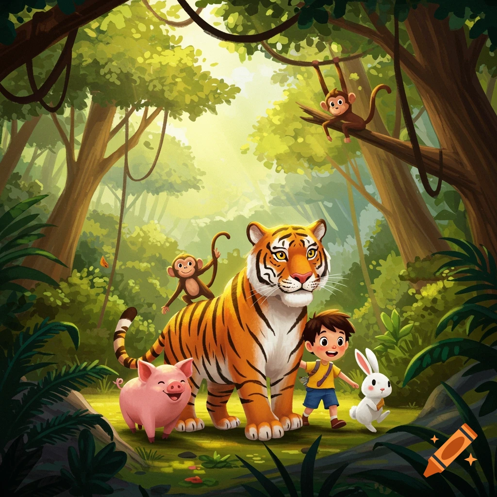 A whimsical illustration of a boy, pig, monkey, bunny, and tiger in a ...