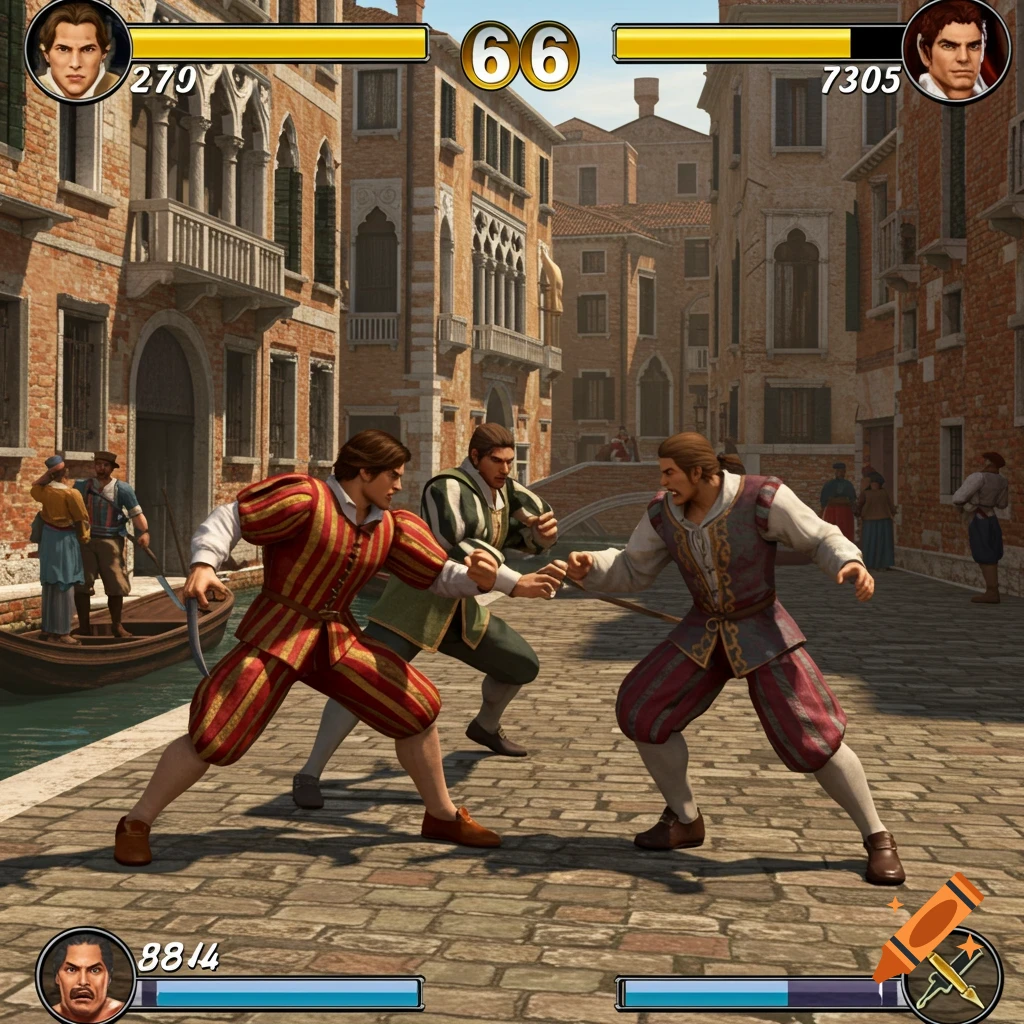Screenshot of a 3D fighting game set in Renaissance Venice with 3 ...