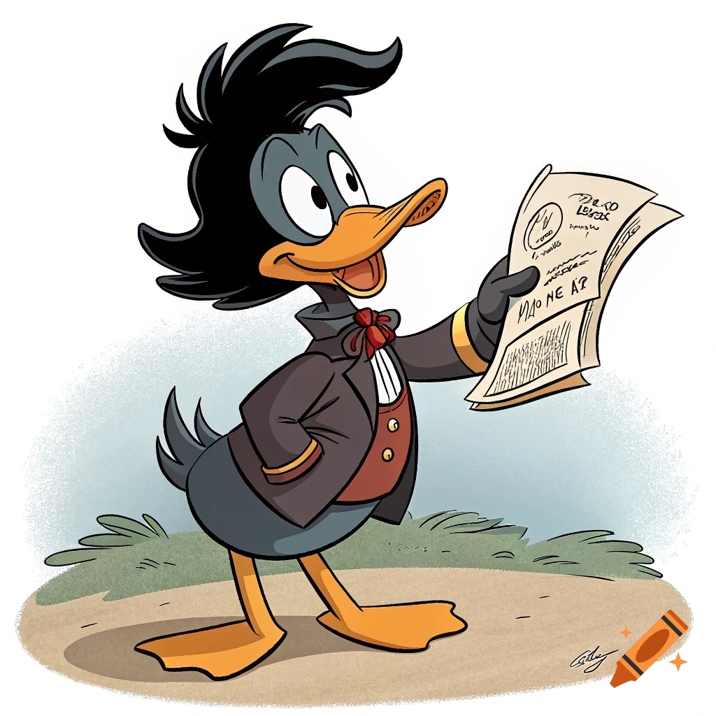 A cartoon black duck wearing a suit and spiky black hair, holding a ...