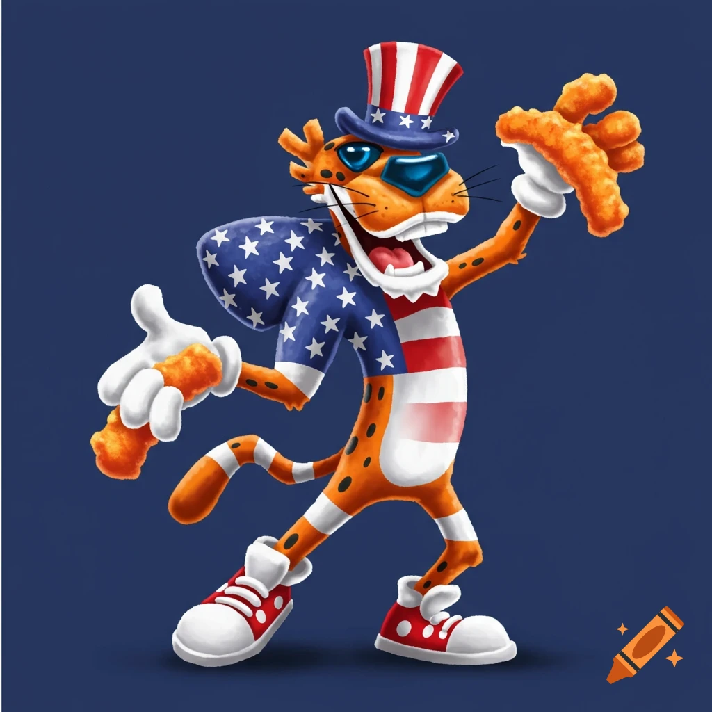 Cartoon cheetah in US flag costume holding snacks. on Craiyon