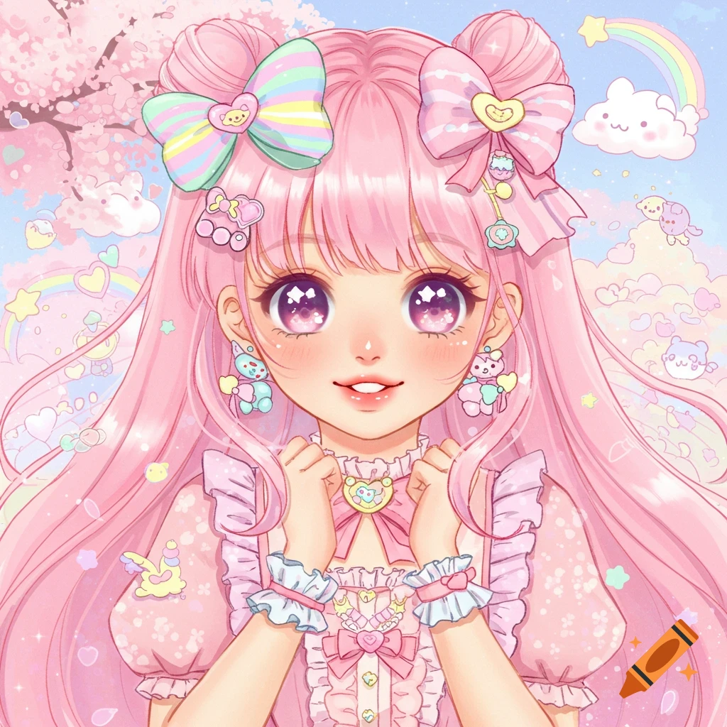 Digital illustration of a girl with pink hair and pastel coquette style ...