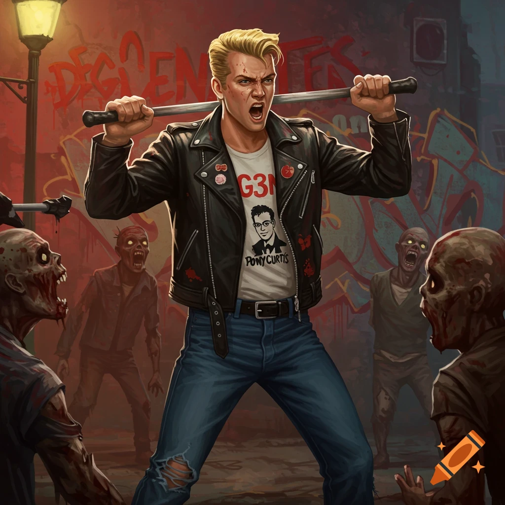 Greaser fighting zombies with graffiti background on Craiyon