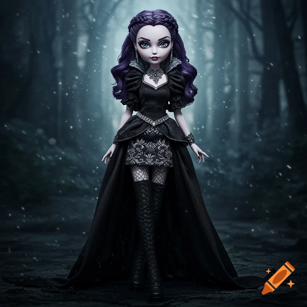 Stylized cartoon girl with braided dark hair in gothic dress inside a ...