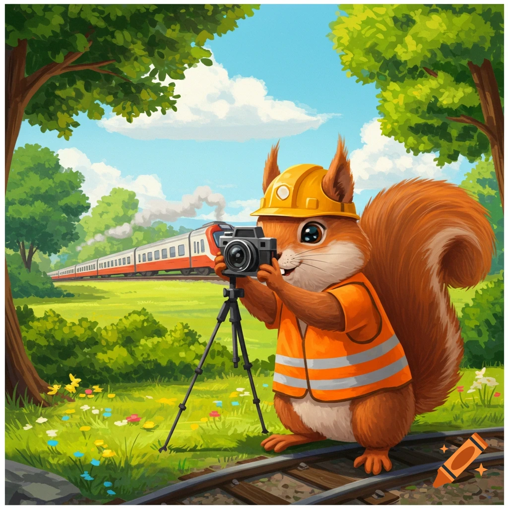 Cartoon squirrel in hard hat and safety vest takes photo of a train by ...