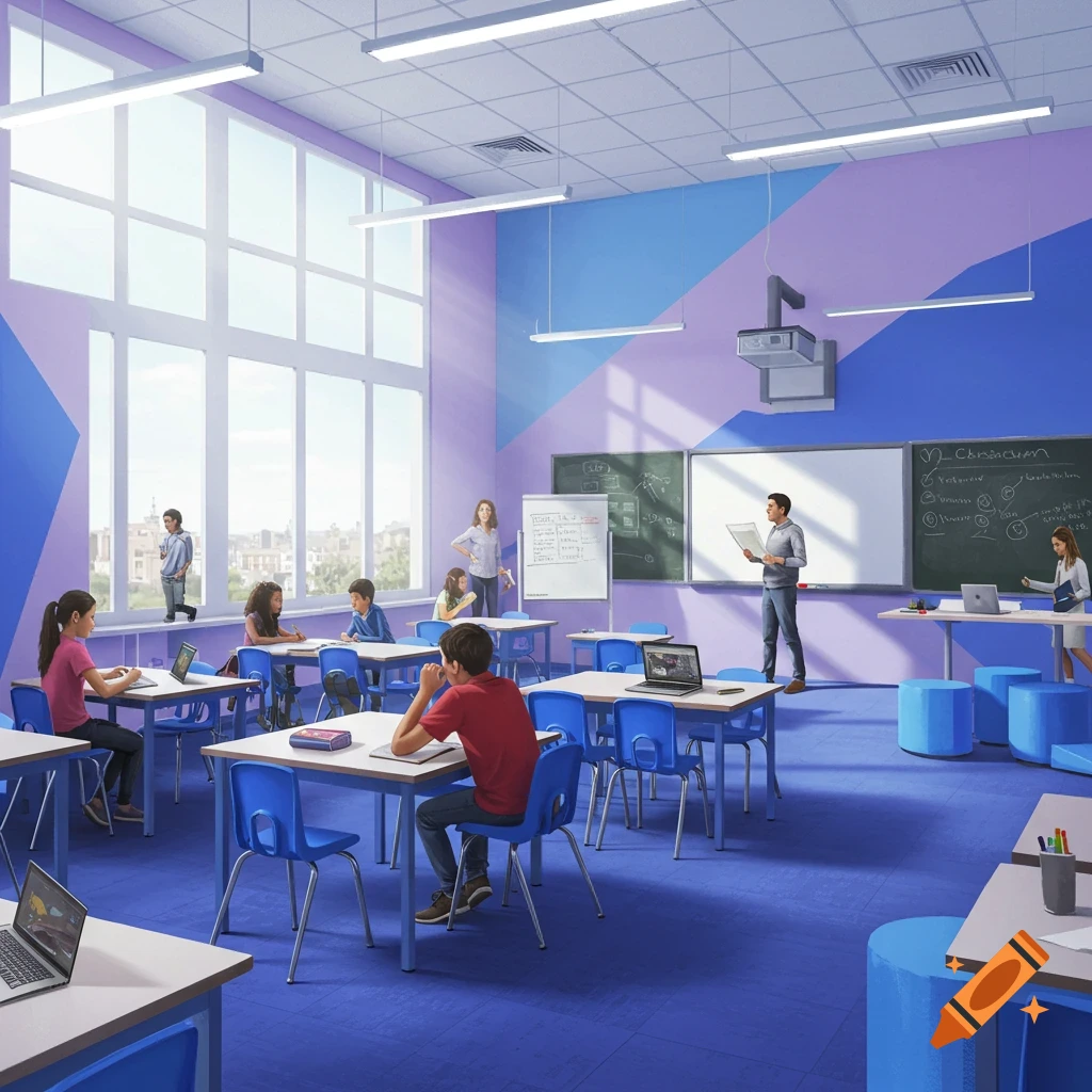 Modern classroom with smartboards, tablets, ergonomic chairs, STEM ...