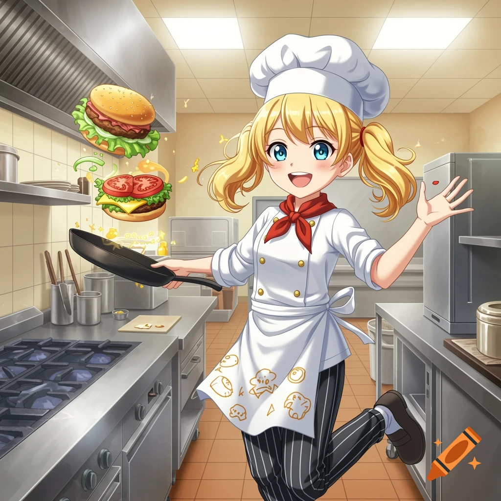 Cartoon anime girl chef flips burgers in a kitchen. on Craiyon