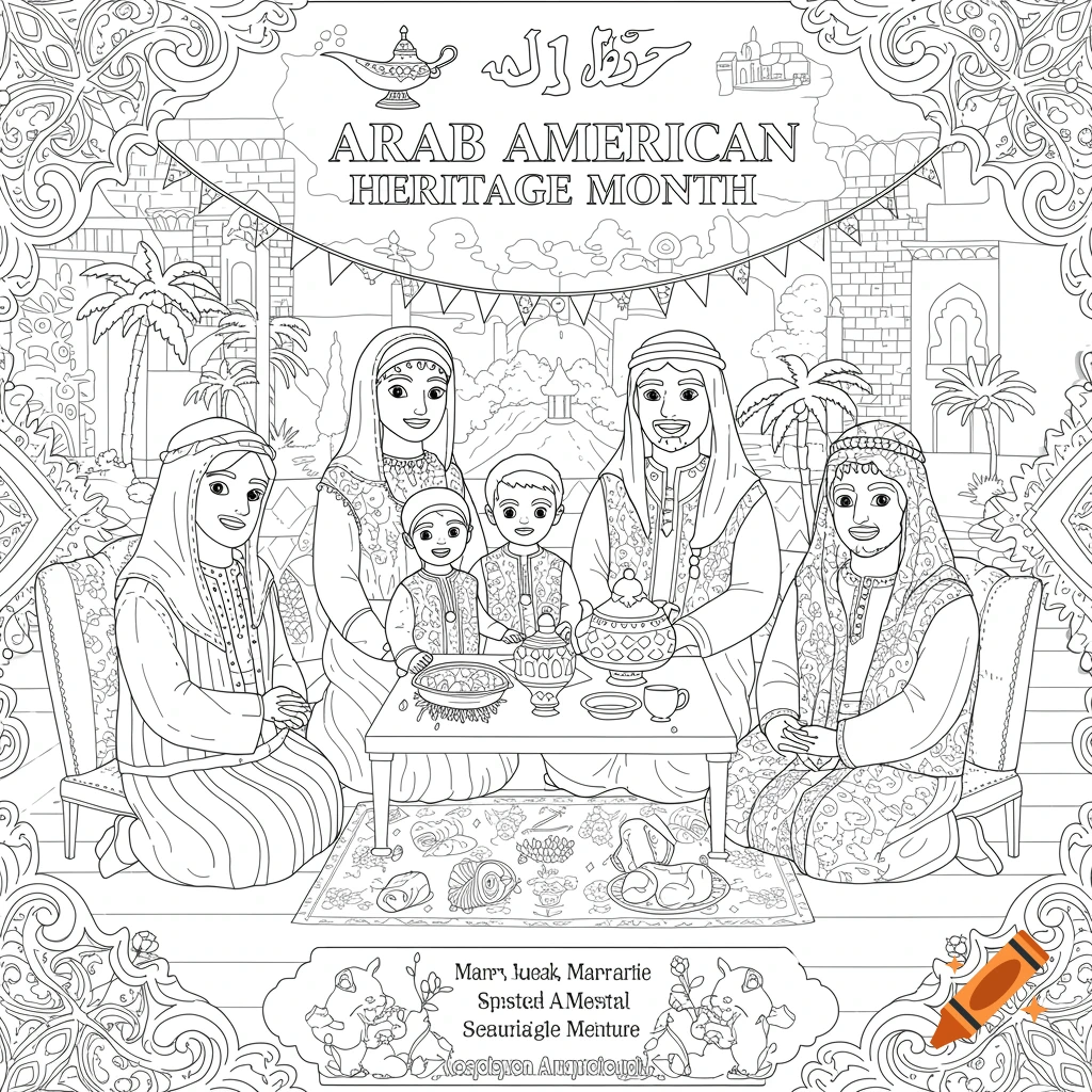 Black and white coloring page of an Arab family sitting at a table with ...