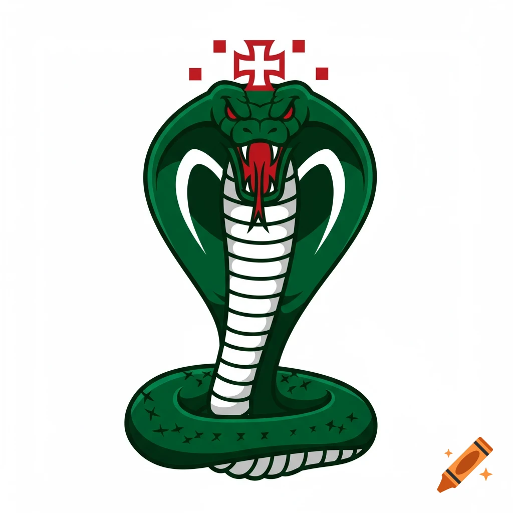 Stylized green cobra head and body with red eyes and tongue, and a red ...