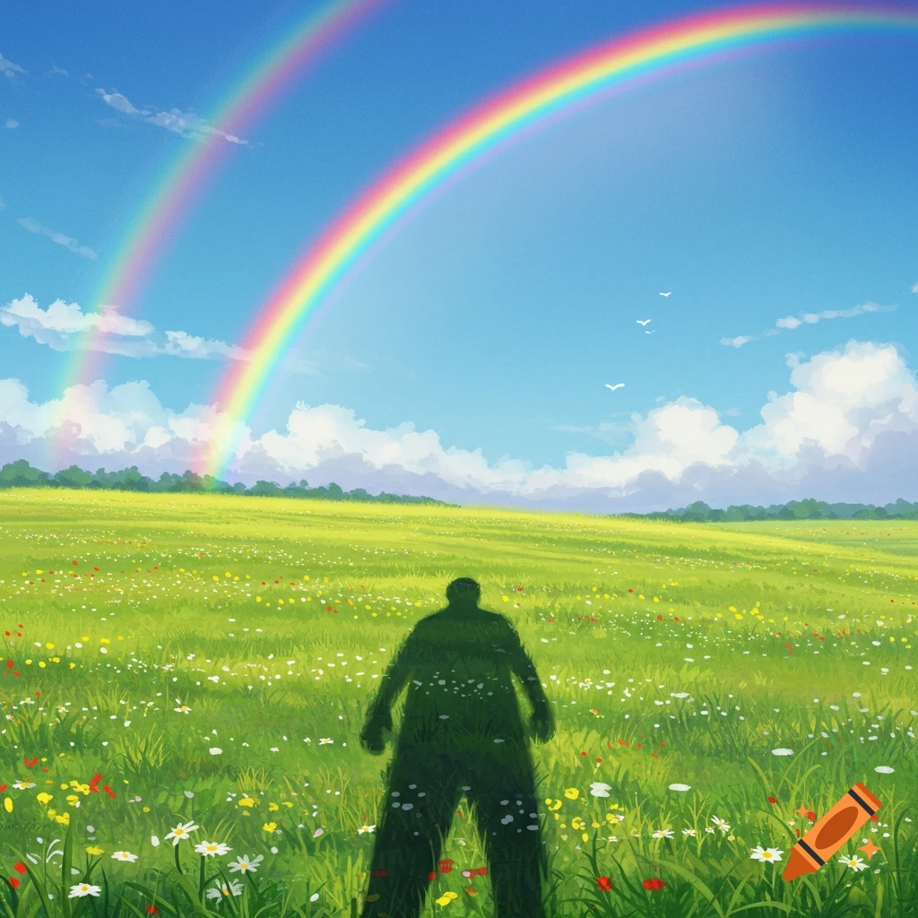 Rainbow over a meadow with a man's shadow on Craiyon