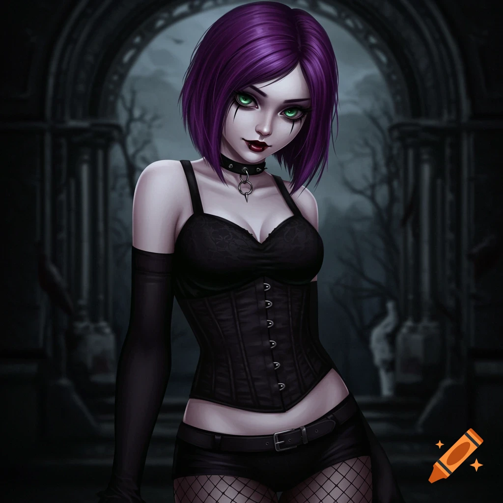 Goth girl with short purple hair and green eyes on Craiyon