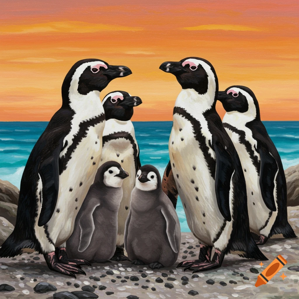 A group of penguins and chicks stand on a rocky beach by the ocean at ...