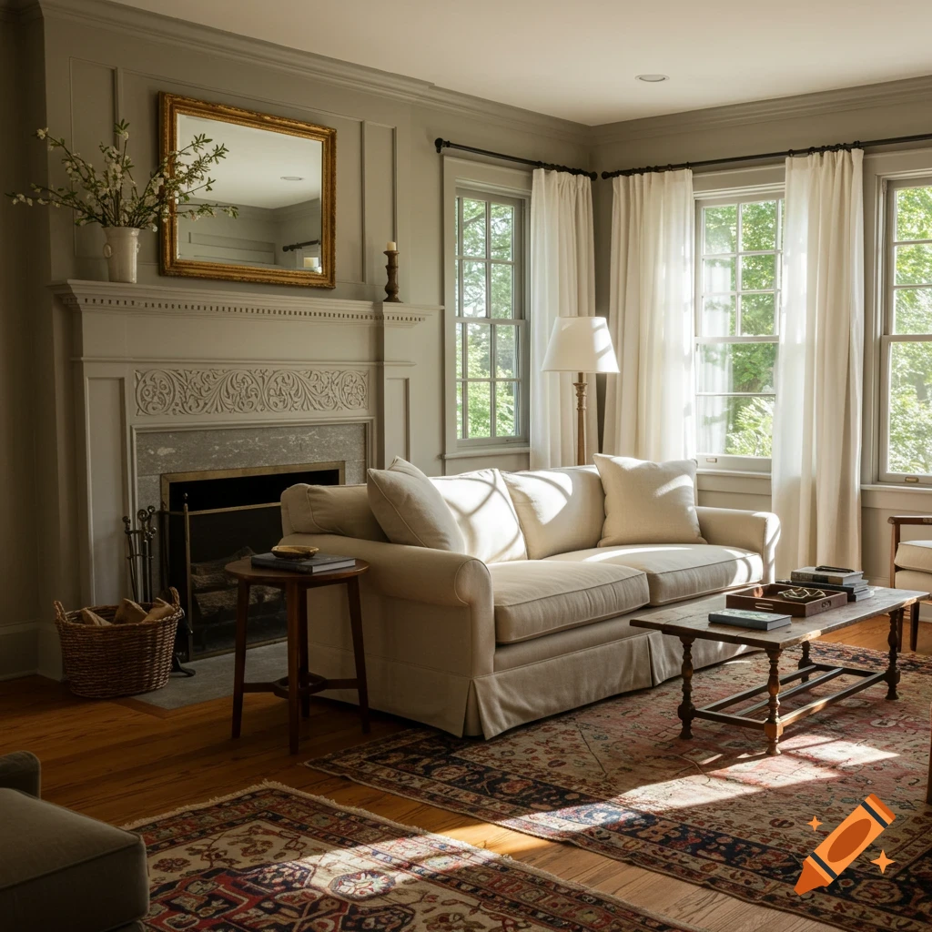 A bright, sunlit living room with a fireplace, couch, coffee table, and ...