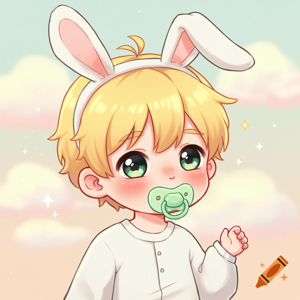 Anime style 2 year old boy with blonde hair and bunny ears, pastel ...