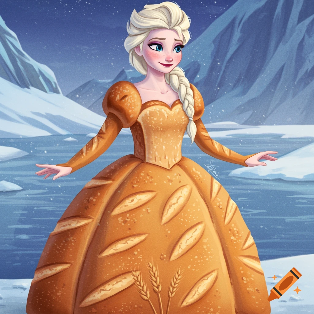 Elsa from Frozen wears a dress made of bread set in a snowy mountain ...