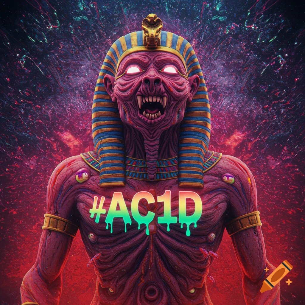 Depiction of God Apophis with 'AC1D' text on Craiyon