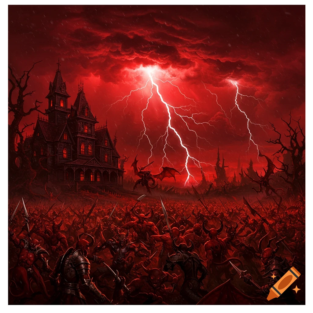 Demonic battle in a hellscape near a Victorian gothic house during a ...
