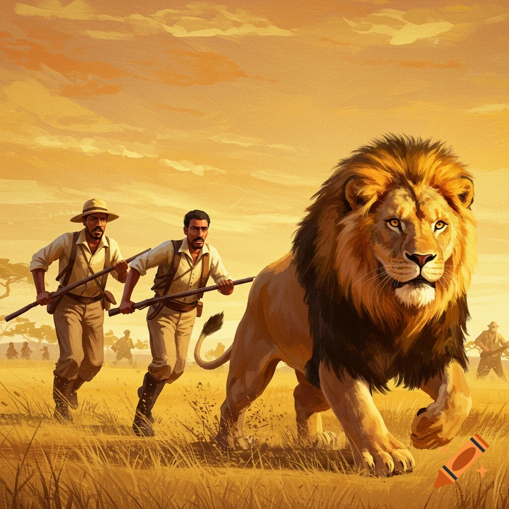 Three men chasing a lion on Craiyon