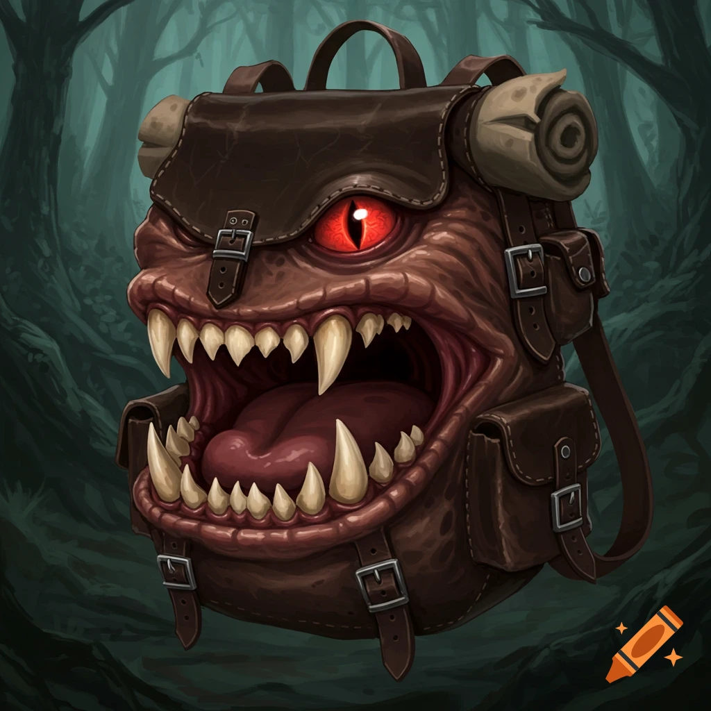 A monstrous backpack with sharp teeth and a red eye, in a forest ...