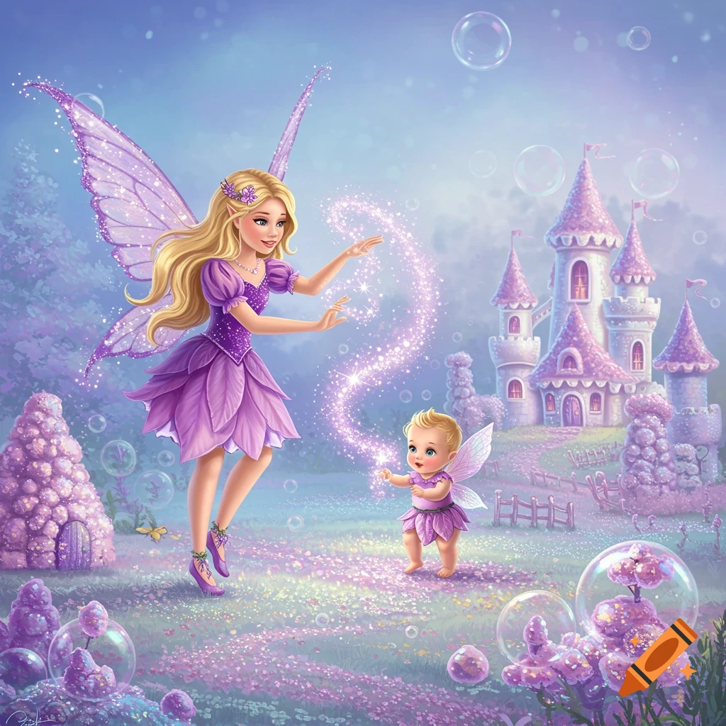 Girl and baby boy fairies in purple casting spells on bubble kingdom on ...