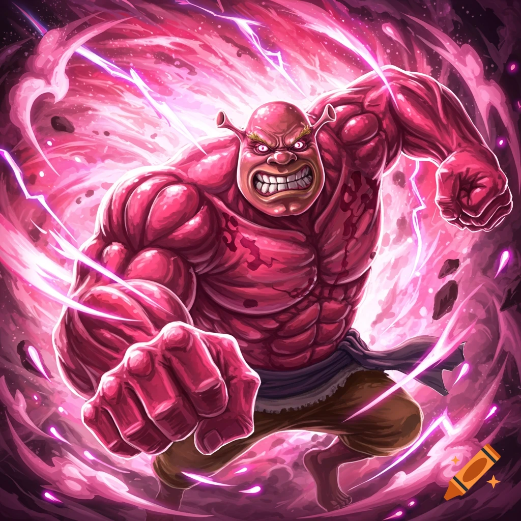 Muscular red Shrek-like character surrounded by pink energy, anime ...