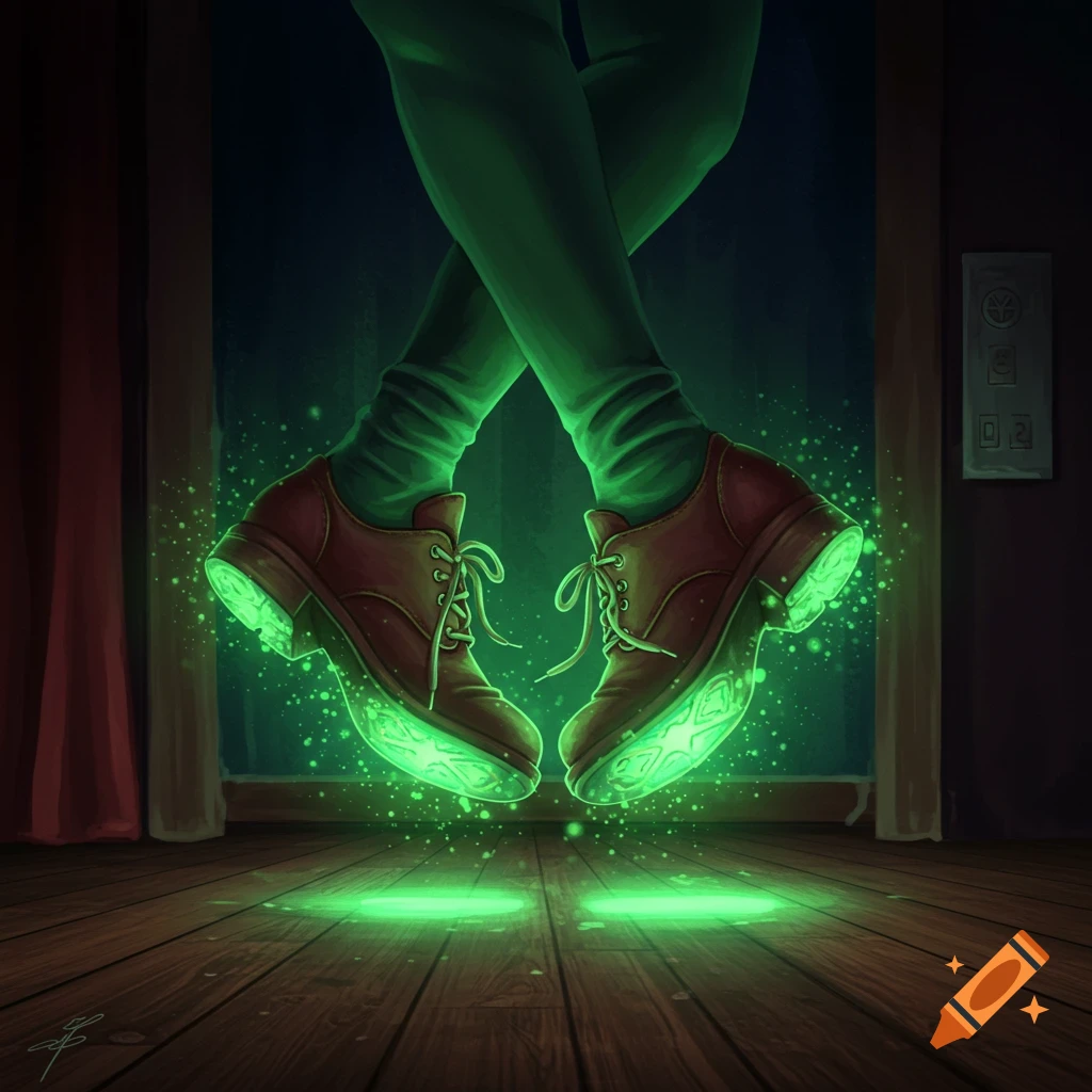 Enchanted shoes dancing with a green glow on Craiyon