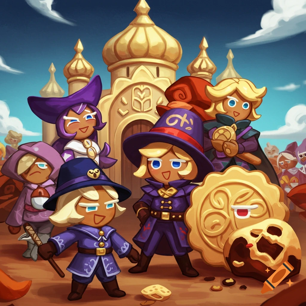 Cartoon cookie characters stand before a fantasy castle in a painted ...