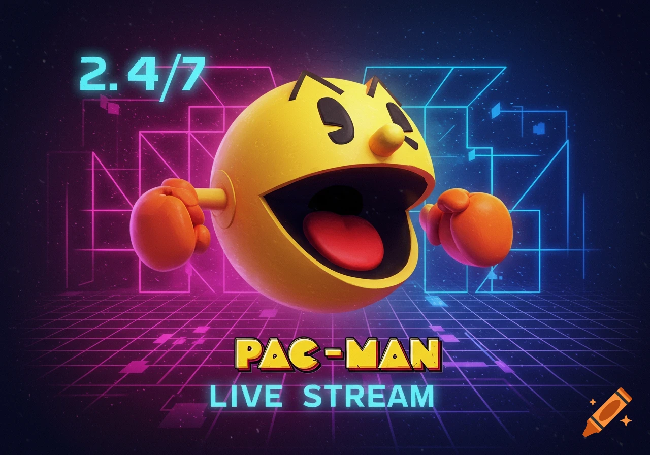 A 3D Pac-Man character is shown with text '2.4/7 PAC-MAN LIVE STREAM ...