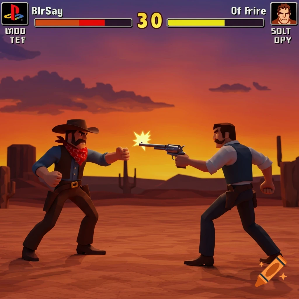 3D graphics fighting game in a Wild West sunset, PS1 style on Craiyon