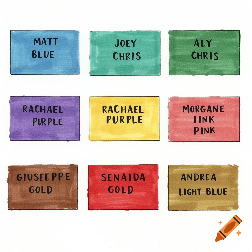 Nine index cards with names in black with color highlights on Craiyon