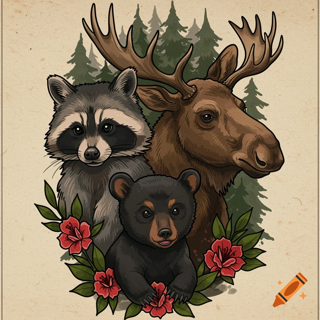 Tattoo design of a raccoon, black bear cub, and moose on Craiyon