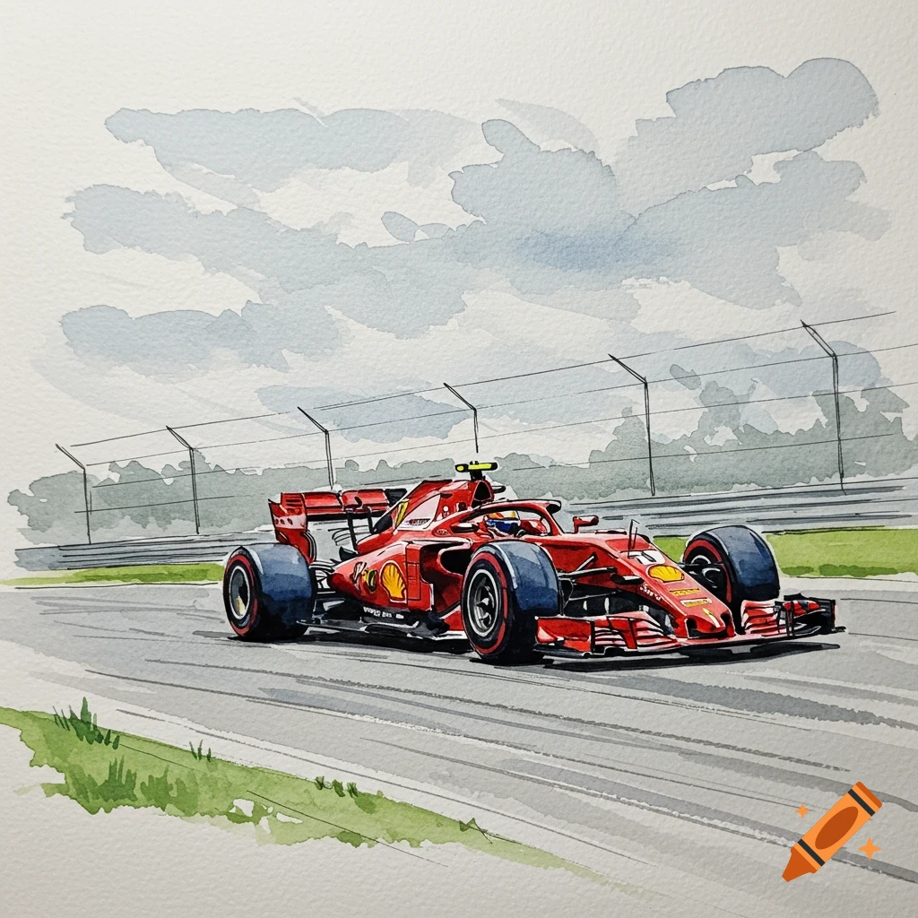 Watercolor sketch of a Formula One car on a race track on Craiyon