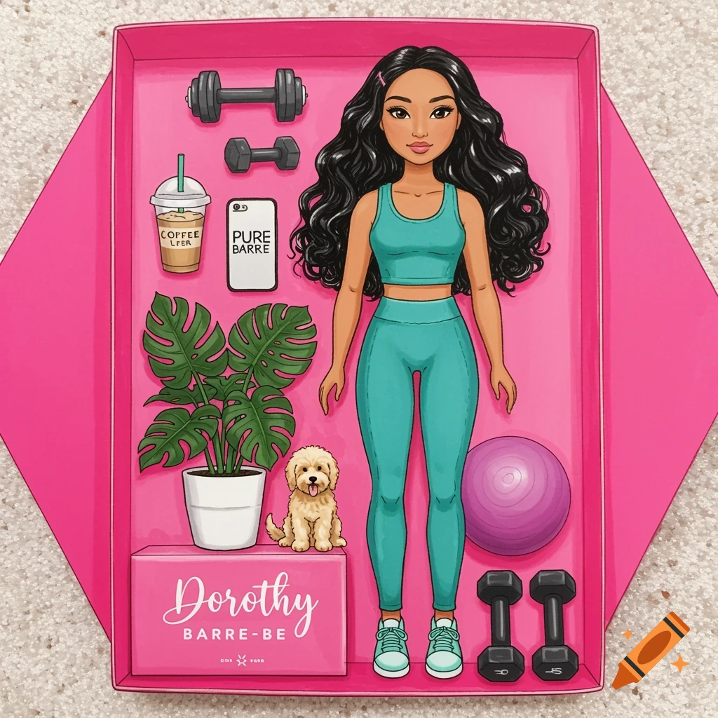Doll of an Asian girl in a teal workout set inside a hot pink toy box ...